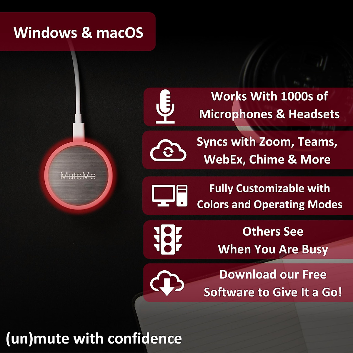MuteMe - Illuminated Physical Mute Button for Zoom, Teams, WebEx & More (As Seen on Shark Tank)! Mac/PC Compatible. USB Cord & Adapter Included. Free Software Download Required.