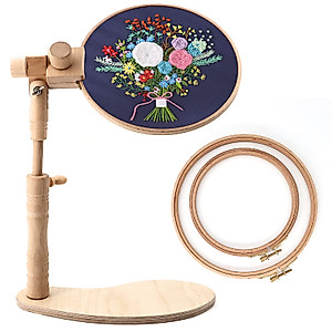 ZOCONE Beech Wood Adjustable Rotated Embroidery Hoop Stand with 2 Pcs 7'' 8'' Embroidery Hoops, Wooden Embroidery Stand, Embroidery Hoop Holder for Cross Stitch and Embroidery Project