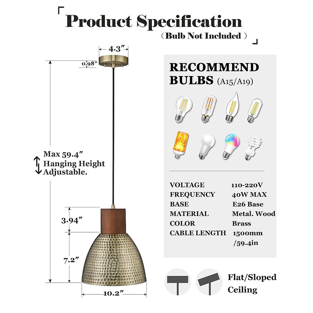 ELYONA Vintage Hammered Pendant Light Fixtures, 10.2” Industrial Metal Hanging Bar Lamp, Solid Wood Antique Gold Adjustable Pendant Light for Kitchen Island, Farmhouse, Dining Room, Brushed Brass