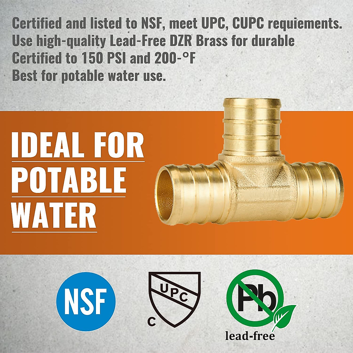 SUNGATOR 5-Pack 3/4" Pex Tee, No Lead Brass 3/4" Inch Pex T Fittings