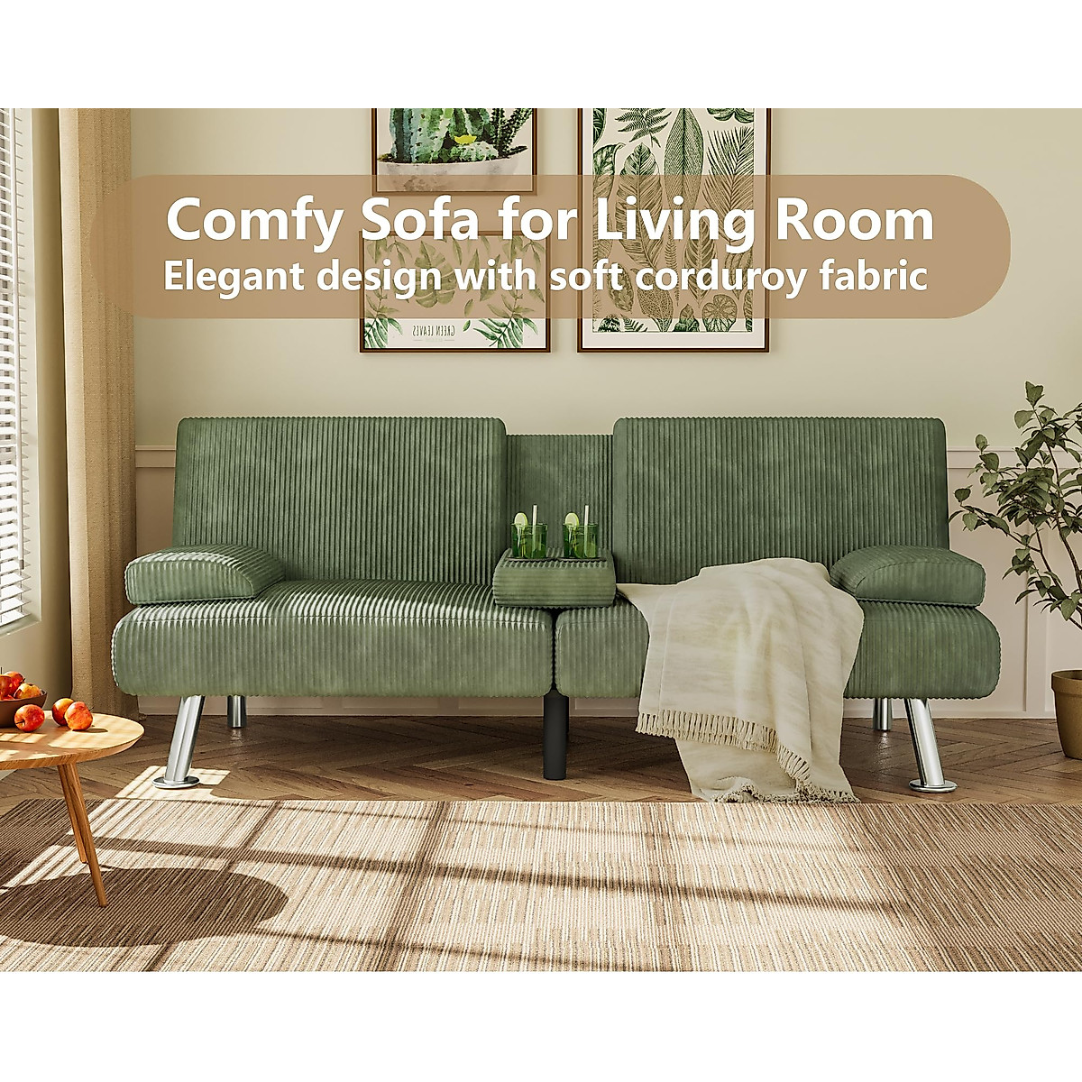 Flamaker Futon Sofa Bed Corduroy Folding Couch Adjustable Sleeper Sofa Bed for Small Apartment Upholstered Living Room Furniture Set with 2 Cup Holders Removable Armrests (Green)