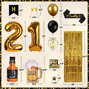 21st Birthday Decorations for Him, Happy Birthday Decorations Black and Gold 21 Birthday Decorations with Happy Birthday Banner, Fringe Curtain, Confetti and Latex Balloons
