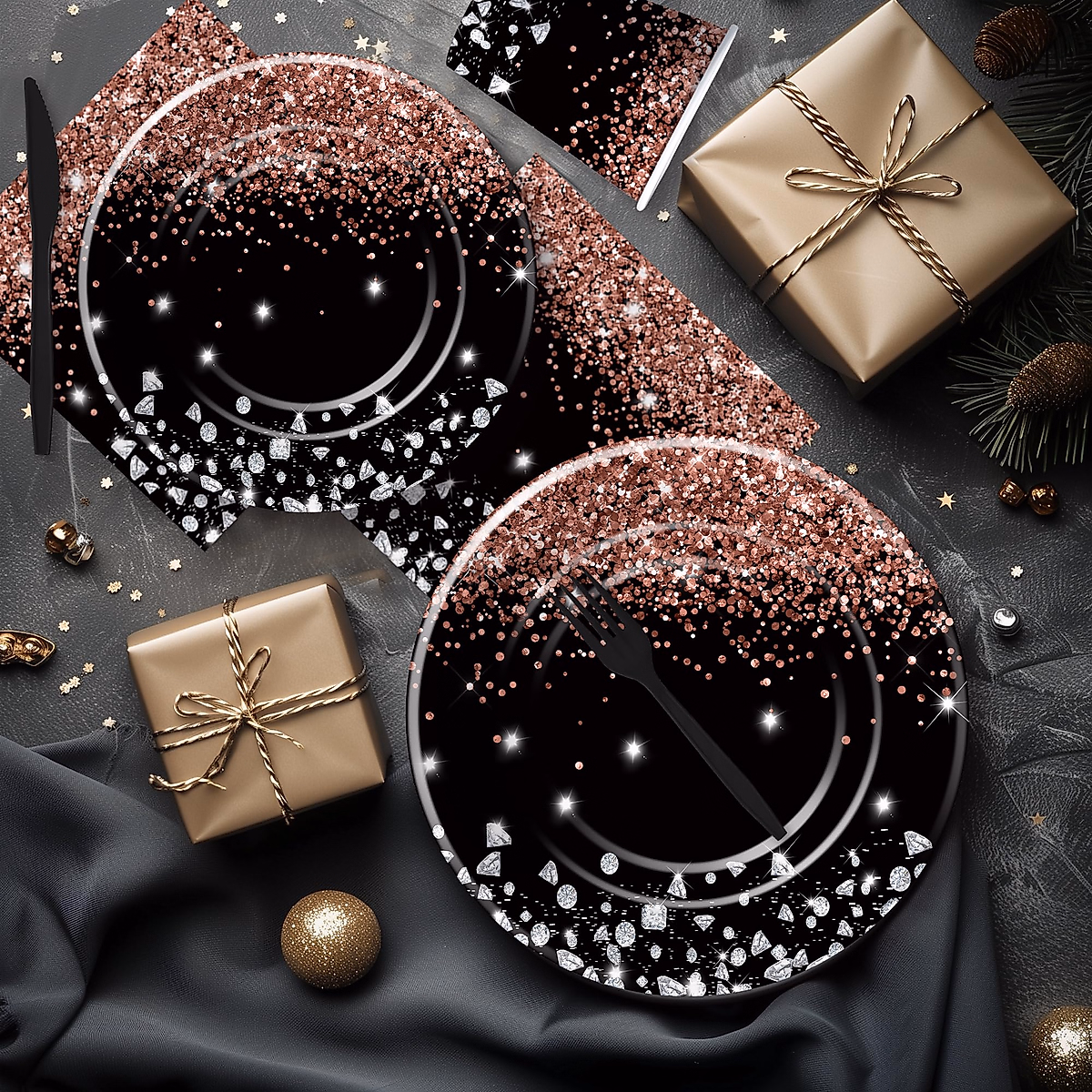 Xigejob Rose Gold And Black Party Decorations Tableware - Rose Gold Party Supplies, Plate, Cup, Napkin, Cutlery, Glitter Diamond Theme Rose Gold Black Wedding Bridal Shower Birthday Decor | Serve 24