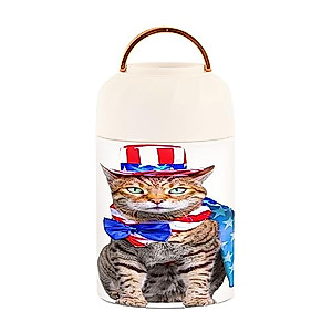 CUPADA Patriotic Cat Food Jar, 4th Of July Insulated Hot Food Jars Vacuum 17OZ with Folding Spoon for Work Trip Picnic Camping