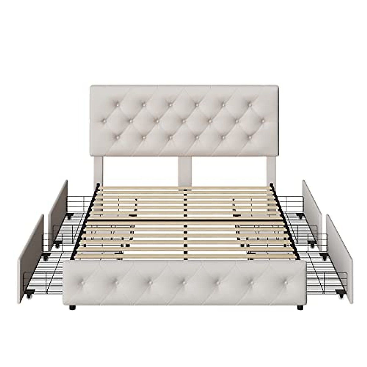 Queen Bed Frame with 4 Storage Drawers and Adjustable Headboard, Upholstered Platform Bed with Button Tufted Design, Strong Wooden Slats Support, No Box Spring Needed, Fabric, Cream