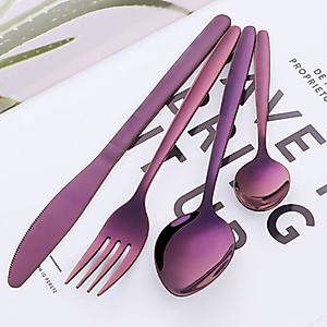 Purple Silverware Set, BuyGo 24-Piece Stainless Steel Camping Flatware Dinnerware Set for 6, Hand Polish, Dishwasher Safe