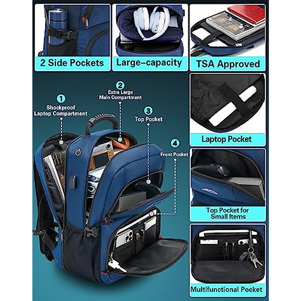 ProEtrade Travel Backpack, Extra Large Laptop Backpack School Business Anti Theft TSA Approved College Work Computer Bag Fits 17 Inch Laptop with USB Charging Port Bookbag for Women Men(Blue)