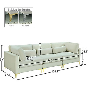 Meridian Furniture 605Cream-S108 Julia Collection Modern | Contemporary Velvet Upholstered Modular Sofa with Complete Sets of Gold and Chrome Legs Included, Cream, 108" Wide