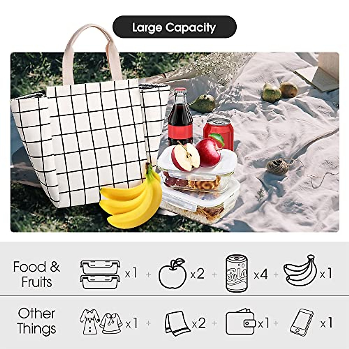 HOMESPON Reusable Lunch Bag Insulated Lunch Box Canvas Fabric with Aluminum Foil, Lunch Tote Handbag for Women,Men,Office (White Plaid)