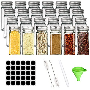 30 Pack 6oz Glass Spice Jars Bottles, Empty Square Containers with Silver Airtight Metal Caps and Pour/Sift Shaker Lid - 30 Black Labels,1 Chalk Marker,1 Silicone Collapsible Funnel,2 Brush Included