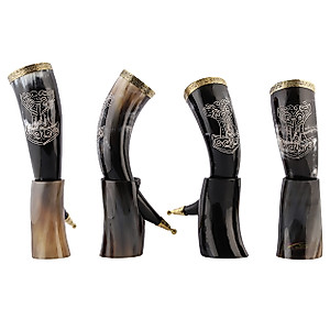 Bhartiya Handicrafts Viking Drinking Horn with Stand - Unique Genuine Ox Horn - Handmade Horn- Mjolnir Carved Horn - Thor Horn 4 pieces