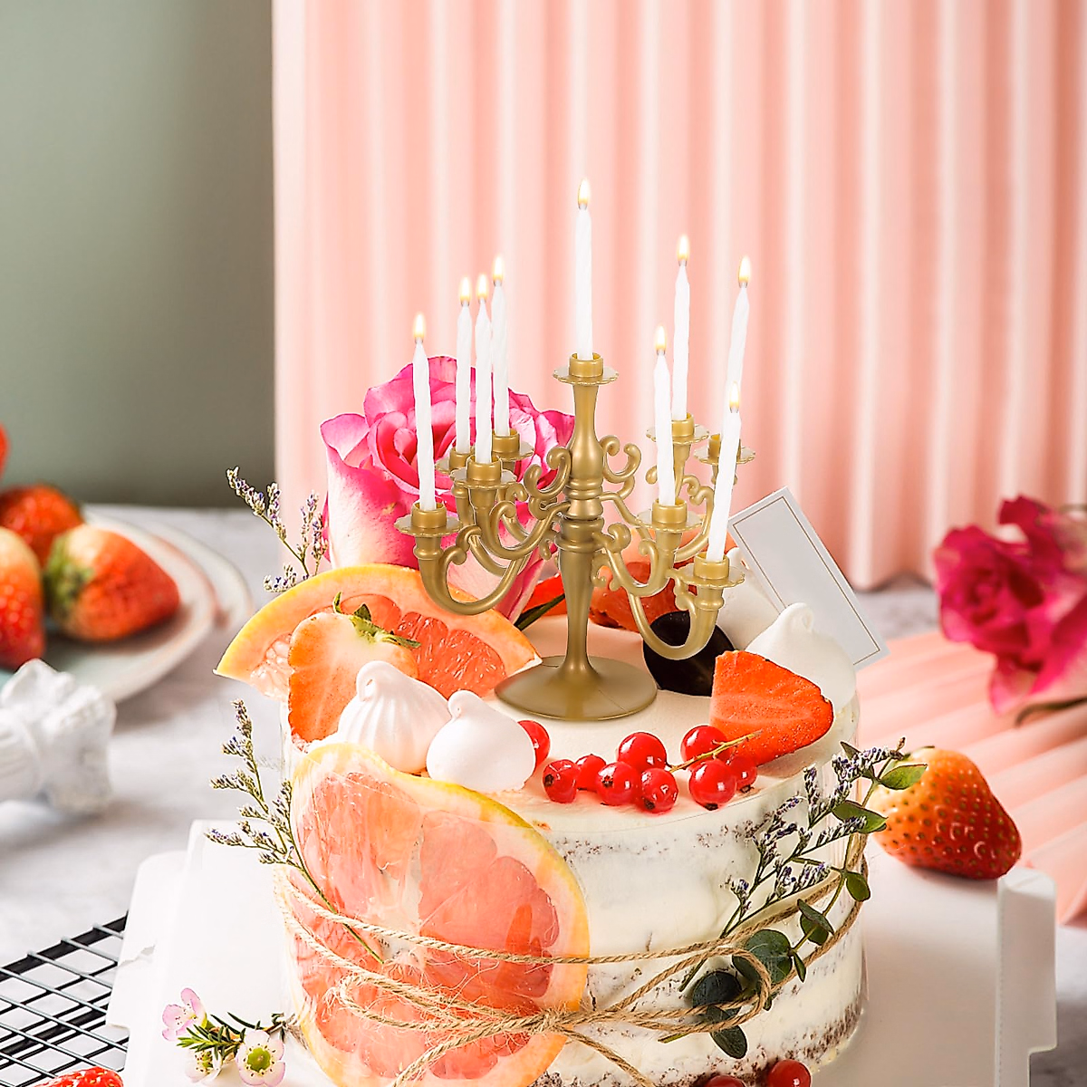 ifundom 2pcs Candle Holder Stand with 9Pcs Candle Vintage Candelabra Candlestick Cake Topper Gold Candlestick Holders Cake Toppers Ornaments for Wedding Birthday Party