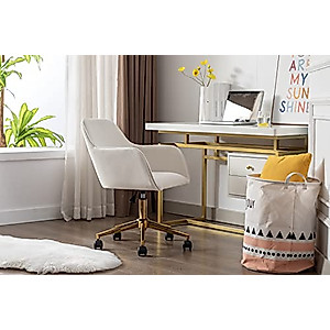DBXII Modern Velvet Yellow Material Adjustable Height 360 Revolving Home Office Chair with Gold Metal Legs and Universal Wheel for Indoor (White + Velvet)