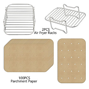 2pcs Air Fryer Rack Set with 100pcs Parchment Paper Compatible with Ninja Foodi Air Fryer DZ201, DZ401, 304 Stainless Steel Toast Dehydrator Racks Air Fryer Paper Liners for Double Basket Air Fryer