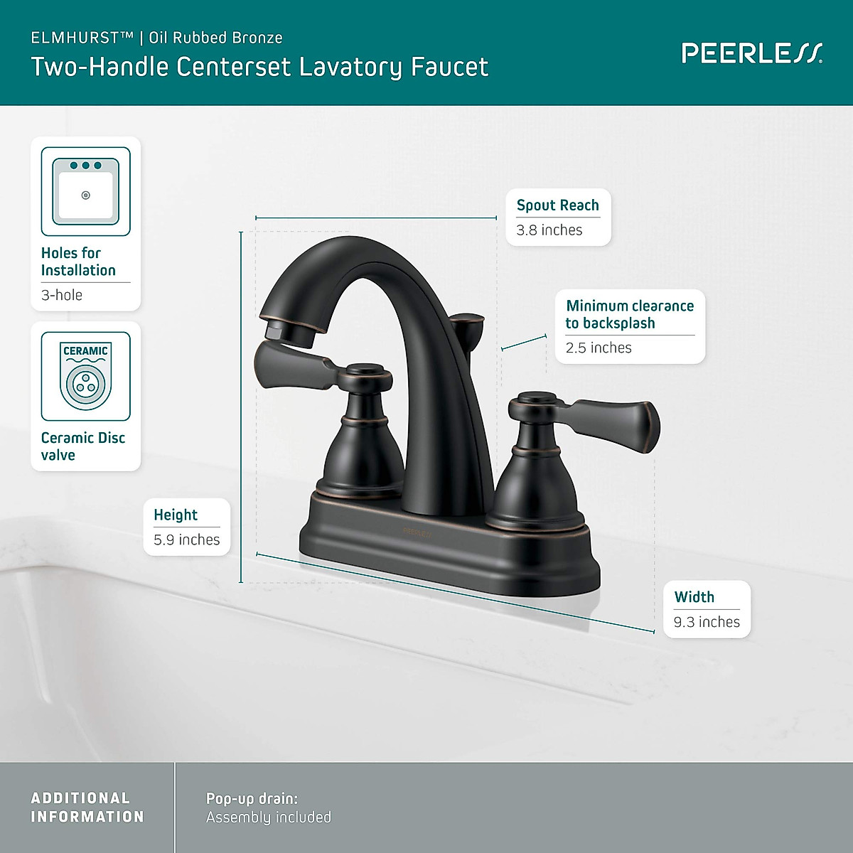 Peerless P2565LF-OB Elmhurst Two-Handle Bath Faucet Centerset, Oil Rubbed Bronze