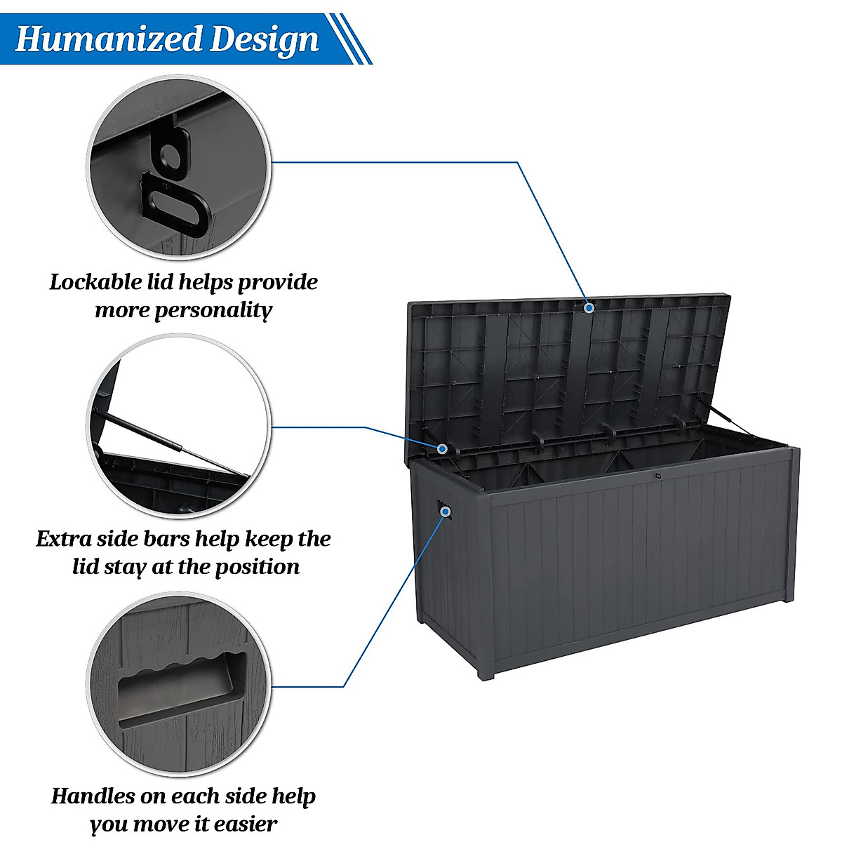 VINGLI Upgraded 113 Gallon Outdoor Storage Box, Lockable Plastic Storage Containers with Lid, Wooden Grain Surface Deck Box Patio Furniture for Garden, Pool, Balcony, Yard (Grey)