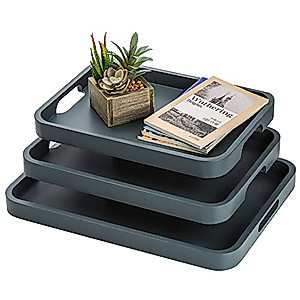 YOUEON Set of 3 Bamboo Serving Trays with Handles, 16/14/13 Inch Nesting Trays for Coffee Table, Blue Decorative Tray, Perfume Tray, Ottoman Tray, Bamboo Trays for Food, Breakfast, Coffee, Tea