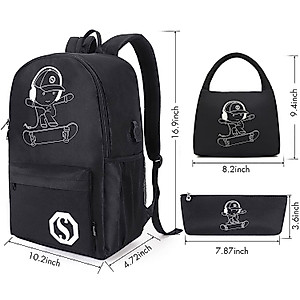 Pawsky School Backpack for Kids Skateboard Anime Luminous Backpack with USB Charging Port, Anti Theft Lock, College School Bookbag for Teen Boys and Girls with Lunch Bag and Pencil Case