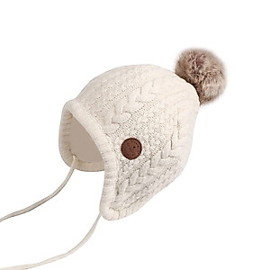 Bamery Winter Baby Infant Girl Beanie Knitted Toddler Baby Boys Hat Fleece Lined Earflap Hats with Pompom 0-4 Years (White, S)