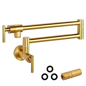 Pot Filler Faucet 24 Inch Brushed Brass Wall Mount Kitchen Restaurant Sink Faucet Folding Stretchable with Single Hole Two Handles, Gold