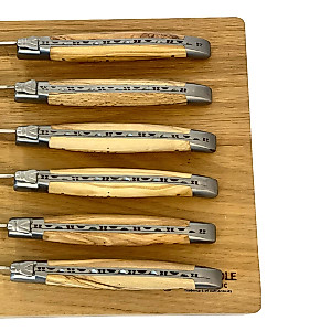 Laguiole en Aubrac Luxury Fully Forged Full Tang Stainless Steel Steak Knives 6-Piece Set with Olivewood Handle, Stainless Steel Matte Bolsters