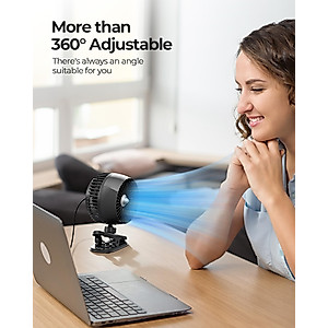 Koonie USB Clip on Fan, Strong Wind Ultra Quiet Small Desk Fan with Strong Clamp, More Than 360° Adjustable, 3 Speeds USB-C Corded Powered, Mini Personal Fan for Home Office Desktop Black