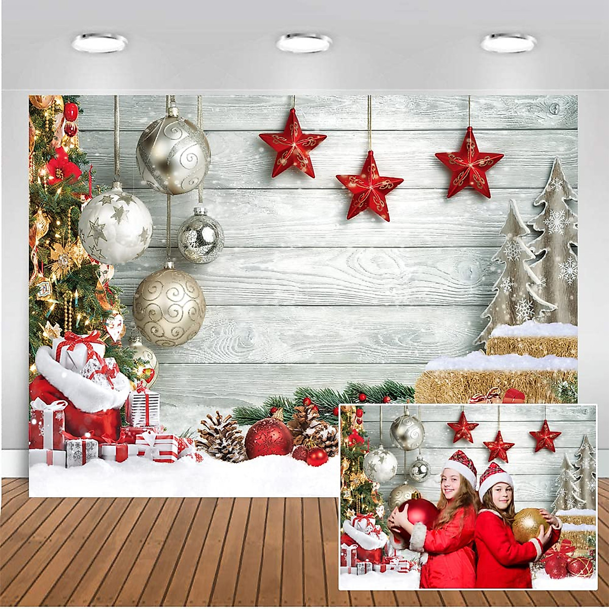 CHAIYA 7X5FT Christmas Backdrop White Wood Floor Photography Backdrop Winter Snow Christmas Balls Xmas Tree Gift Family Party Photo Background New Year Party Decoration Backdrops CY194