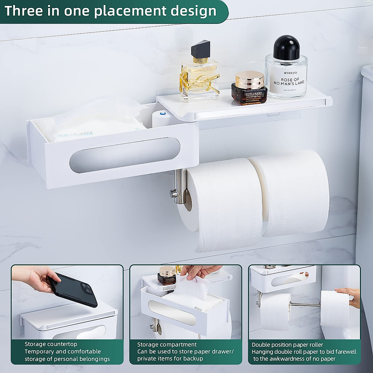 White Bathroom Toilet Paper Holder with Shelf and 180°Rotation Movable Storage Box, ABS Material Wall Mount Double Roll Tissue Holder Dispenser, Punching or Self Adhesive Two Different Installation
