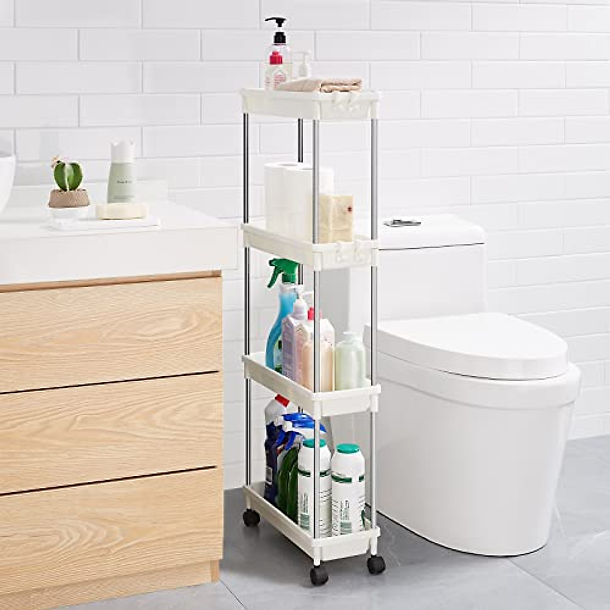Lifewit Slim Storage Cart, Laundry Room Organization, Wide 6.3'', 4 Tier Shelf Organizer Rack Unit with Wheels for Bathroom Kitchen Small Dorm Narrow Space, White