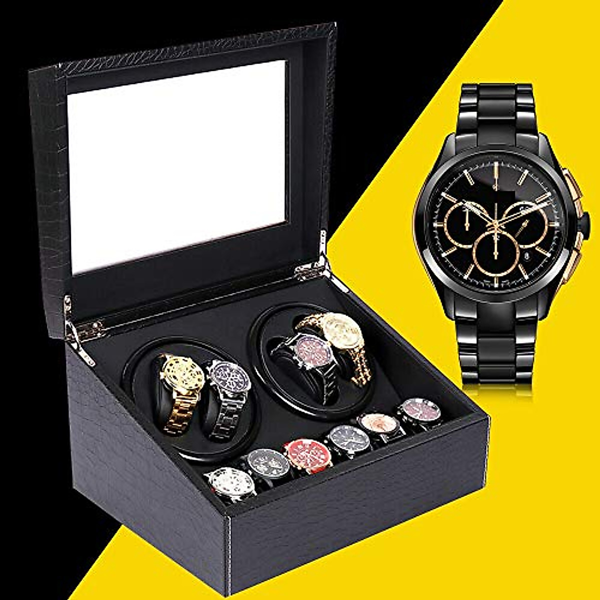WANLECY 4+6 Watch Winder, Luxury Automatic 2 Motor Watch Winder Crocodile Pattern Display Case Storage Super Quiet for Lady and Men