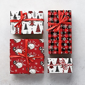 Horaldaily 17 x 120 Inch Christmas Wrapping Paper(3 Rolls: 42.5 sq. ft. ttl.), Red Buffalo Plaid Christmas Trees Snowman Snow Disposable Wrapping Paper for Party DIY Crafts Gift Decor