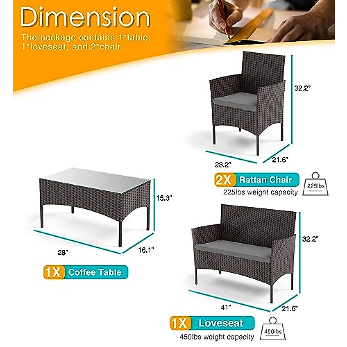 PHI VILLA 4 Pieces Outdoor Furniture Set, Wicker Loveseat & Chairs with Thick Gray Cushions & Glass Coffee Table, Modern Sectional Conversation Sofa Set for Patio, Deck, Yard, Porch