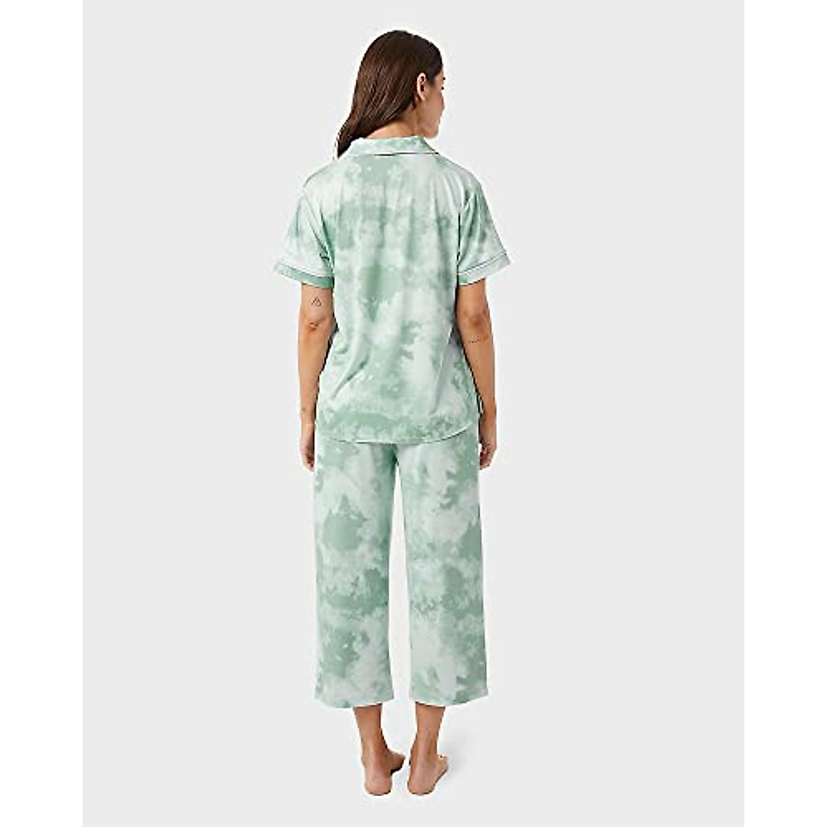 32 DEGREES Women's Cool Button Up 3 Piece Sleep Set |4-Way Stretch | Button up Top | Lounge Capri and Short, Light Mint Hazy Tie Dye, Large