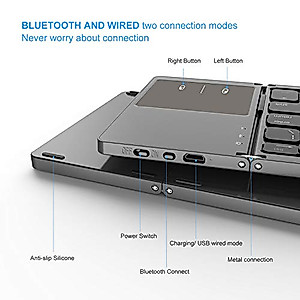 VssoPlor Foldable Bluetooth Keyboard with Touchpad, Dual Modes USB Wired Folding Wireless, Portable Mini Pocket Size Travel Keyboard for Android Tablet Windows-Dark Gray
