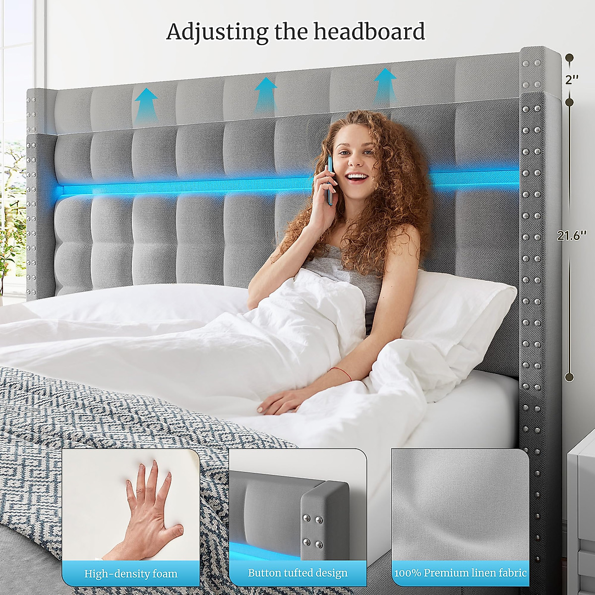 EnHomee Full Bed Frame with Storage,LED Bed Frame with Adjustable Headboard, Upholstered Platform Bed Frame Queen Size with 3 Drawers,Heavy Duty Wood Slats,Easy Assembly,No Box Spring Needed,Grey