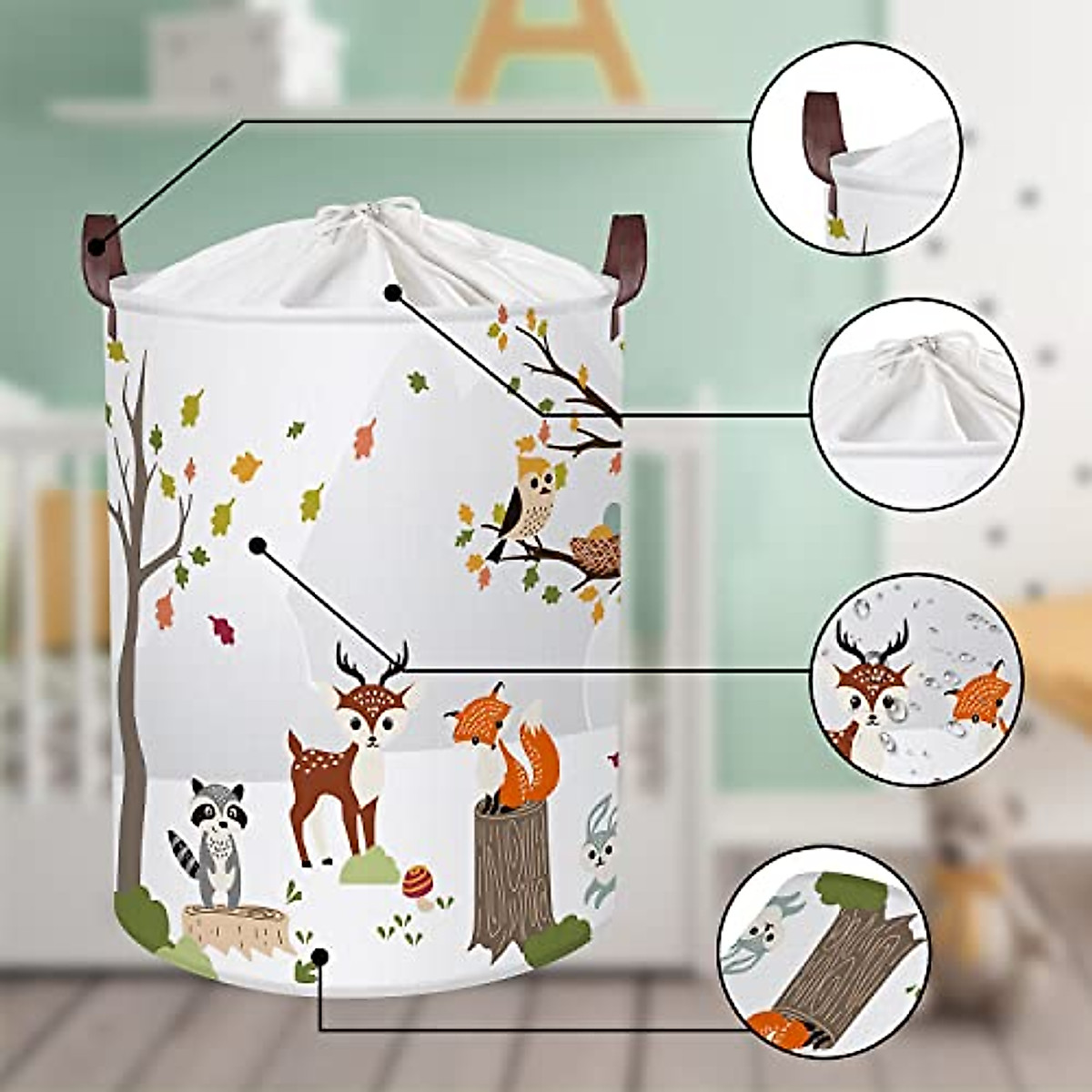 Clastyle 45L Woodland Animals Laundry Basket Collapsible Waterproof Forest Fox Storage Basket with Handle Kids Room Jungle Deer Laundry Hamper with Drawstring, 14 * 17.7 in