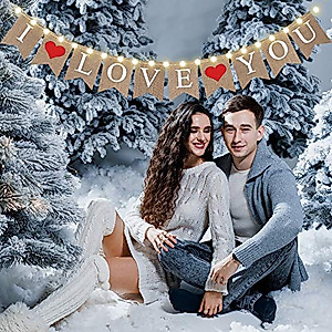 I Love You Burlap Banner for Valentine's Day Decoration, Love Heart Hanging Sign with 8 Modes LED String Light, Wedding Engagement Party Bunting Garland for Valentines Day Dating Home Decor
