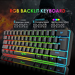 Gaming Keyboard and Mouse Combo,61 Keys Compact RGB Backlit Mechanical Feel Keyboard,RGB Backlit 2400 DPI Lightweight Gaming Mouse with Honeycomb Shell for Windows PC Gamers (4 in1/black Set)