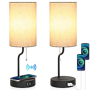 Wireless Charging Bedside Lamps with 2 USB Ports, Set of 2 Table Lamps for Bedroom, Modern Nightstand Lamps, Desk Lamps with E26 Socket Round Fabric Lampshade for Living Room Office Reading Working