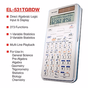 Sharp EL-531TGBDW 12-Digit Scientific/Engineering Calculator with Protective Hard Cover, Battery and Solar Hybrid Powered LCD Display, Great for Students and Professionals, Silver