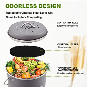 Holismo Kitchen Countertop Compost Bin, Odor Resistant Indoor Compost Bin with Lid and Charcoal Filter, Rust Resistant Coated Compost Bucket, Compost Container, Gray