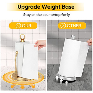 Paper Towel Holder Stainless Steel - One Hand Tear Paper Towel Dispenser Standing Weighted Base Non Slip, Spring Arm, Stainless Steel Paper Towel fits in Kitchen Bathroom Countertop (Gold)