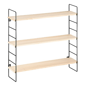 Navaris Wall Shelf Unit - Wall Mounted Hanging Pine Wood and Black Metal Shelves - 3-Shelf Shelving Unit for Bedroom Living Room Kitchen