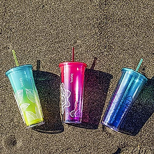 bzyoo SIP 24oz (710ml) Double Wall Plastic Tumbler with Lid and Straw Cold Drink Travel Mug Party Reusable Cup For Office Outdoor Dining Gift For Him & Her (Blue & Green)