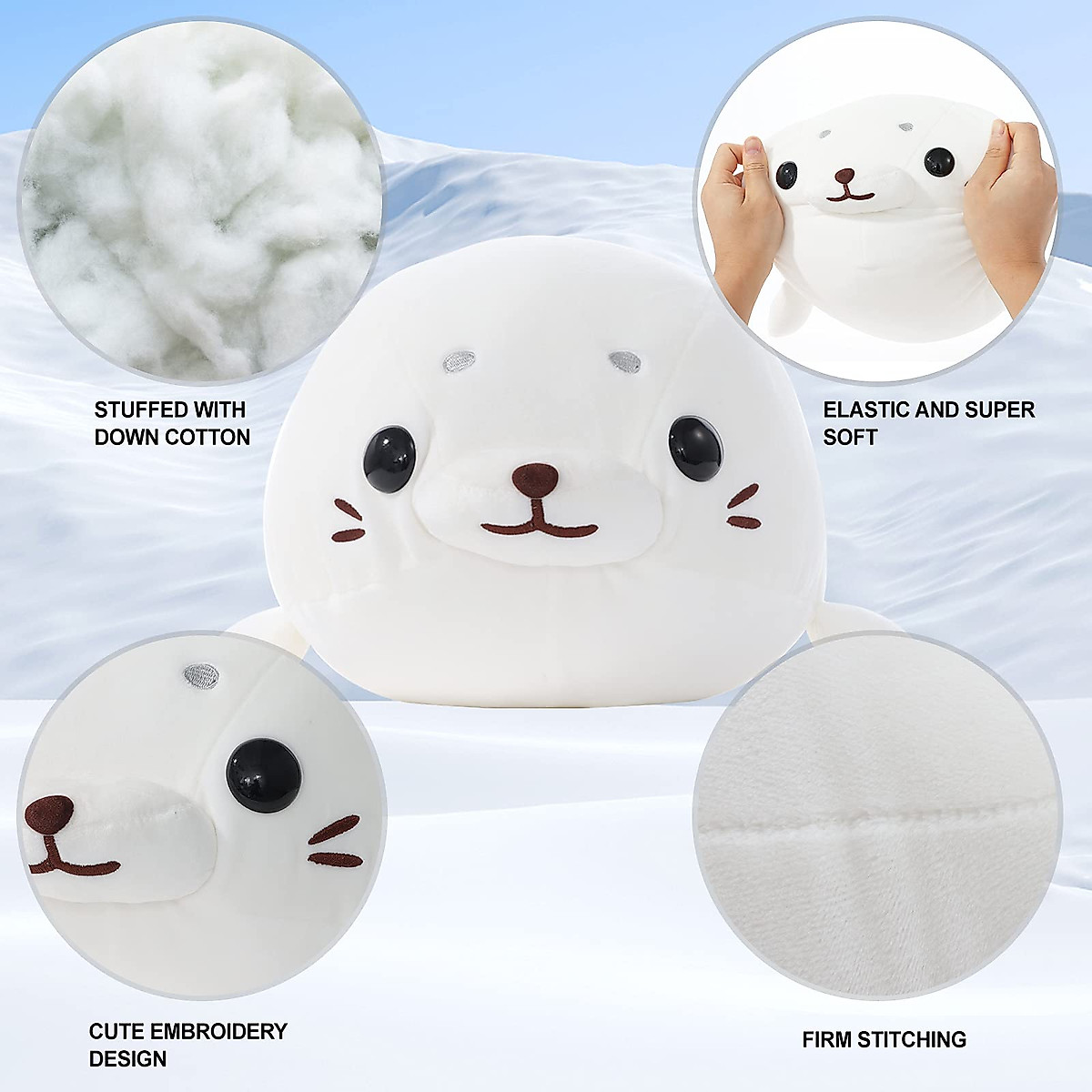 AEECASI Super Soft Seal Plush Cuddle Pillow, Chubby Seal Stuffed Animal, Cute Plushie Birthday for Kids Girls Boys Baby, Adorable Plush Seal Stuffed Toy, 17.7" White