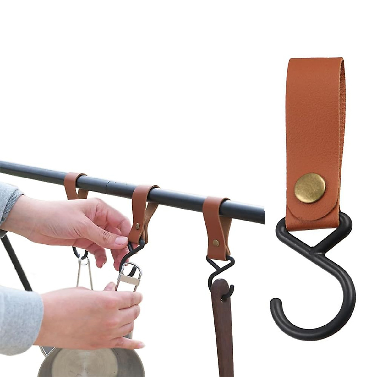 GUDEKIKL 5Pcs Leather Straps with S Hooks, Multifunctional S Shelf Hooks, Outdoor Camping Strollers Hooks Hangers, Portable Utility Hooks for Hanging