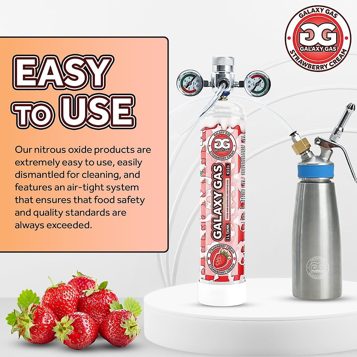 Galaxy Gas Strawberry Flavor Whipped Cream Dispenser Cartridge Tank, Nitrous Oxide 1L 615 Gram, Whipped Cream Tank, N2O Charger Tank, 1 Cylinders (GASun1070)