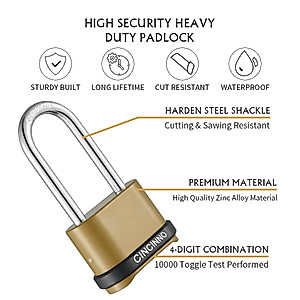 CINCINNO 4 Digit Combination Lock, Heavy Duty Combination Padlock with Long Shackle Combo Padlock for Outdoor Use ,Sheds, Locker, Storage Unit, Gym and Gate