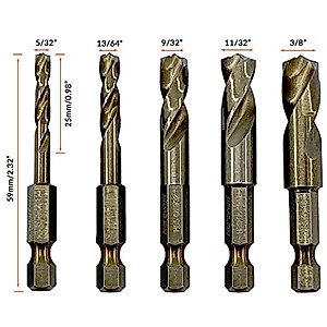 NordWolf 5-Piece M35 Cobalt Stubby Drill Bit Set for Stainless Steel & Hard Metals, with 1/4" Hex Shank for Quick Chucks & Impact Drivers, SAE Sizes 5/32"-13/64"-9/32"-11/32"-3/8" in Storage Box