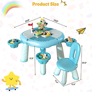 DOREROOM Kids Table and Chair, Kids Multi-Activity Table with Double-Side Tabletop, Toddler Table and Chair Set for Ages Over 1, Block Table with Storage, Toddler Activity Table for Daycare (Blue)